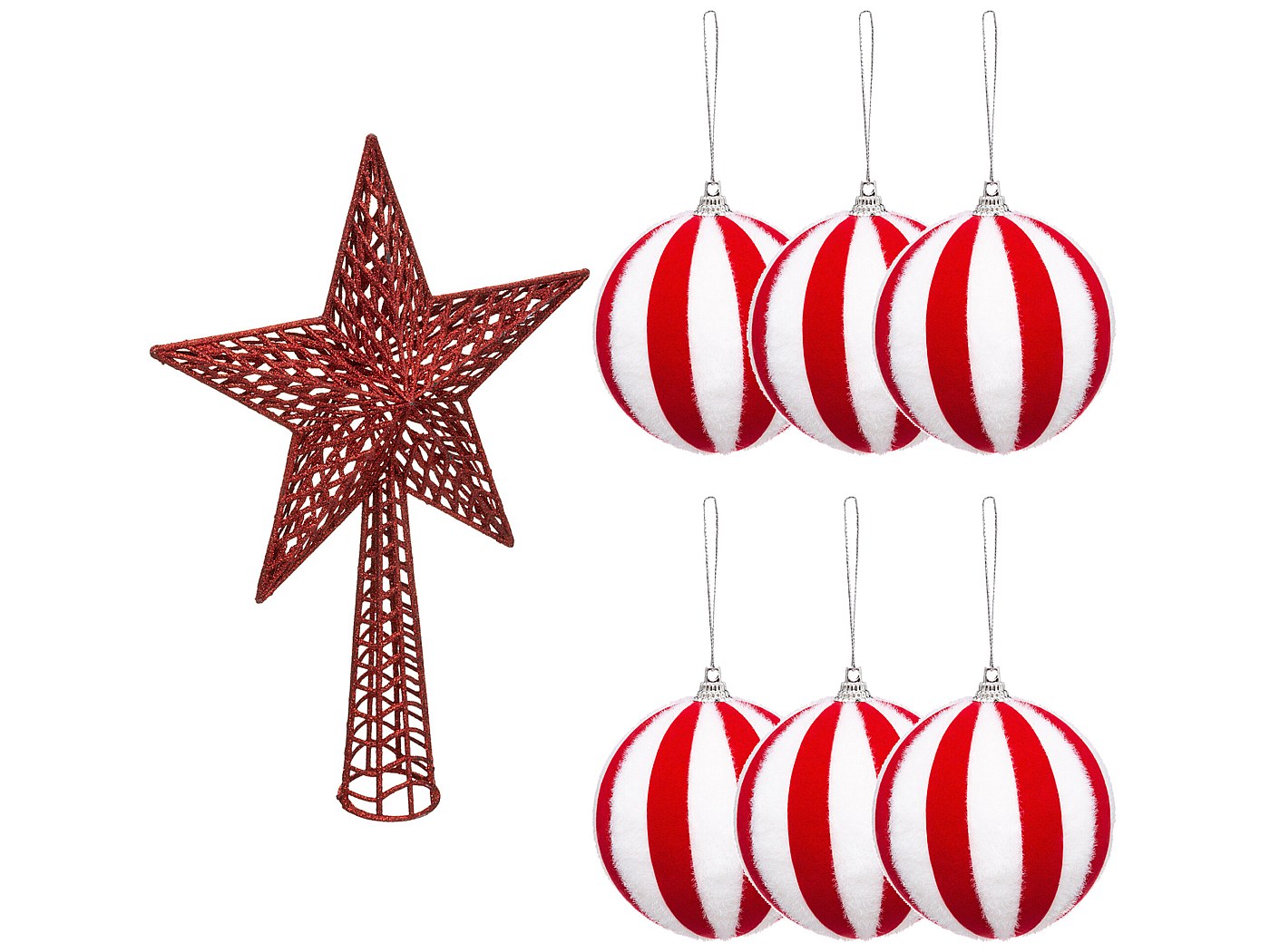 Pack 6 Boules De Noël Rayures Blanches Et Rouges + Écusson Étoile Rouge