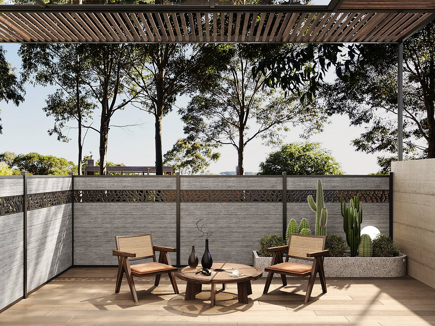 Panneaux de clôture à poser H.181 cm kit 7 lames avec décor + 2 poteaux ...