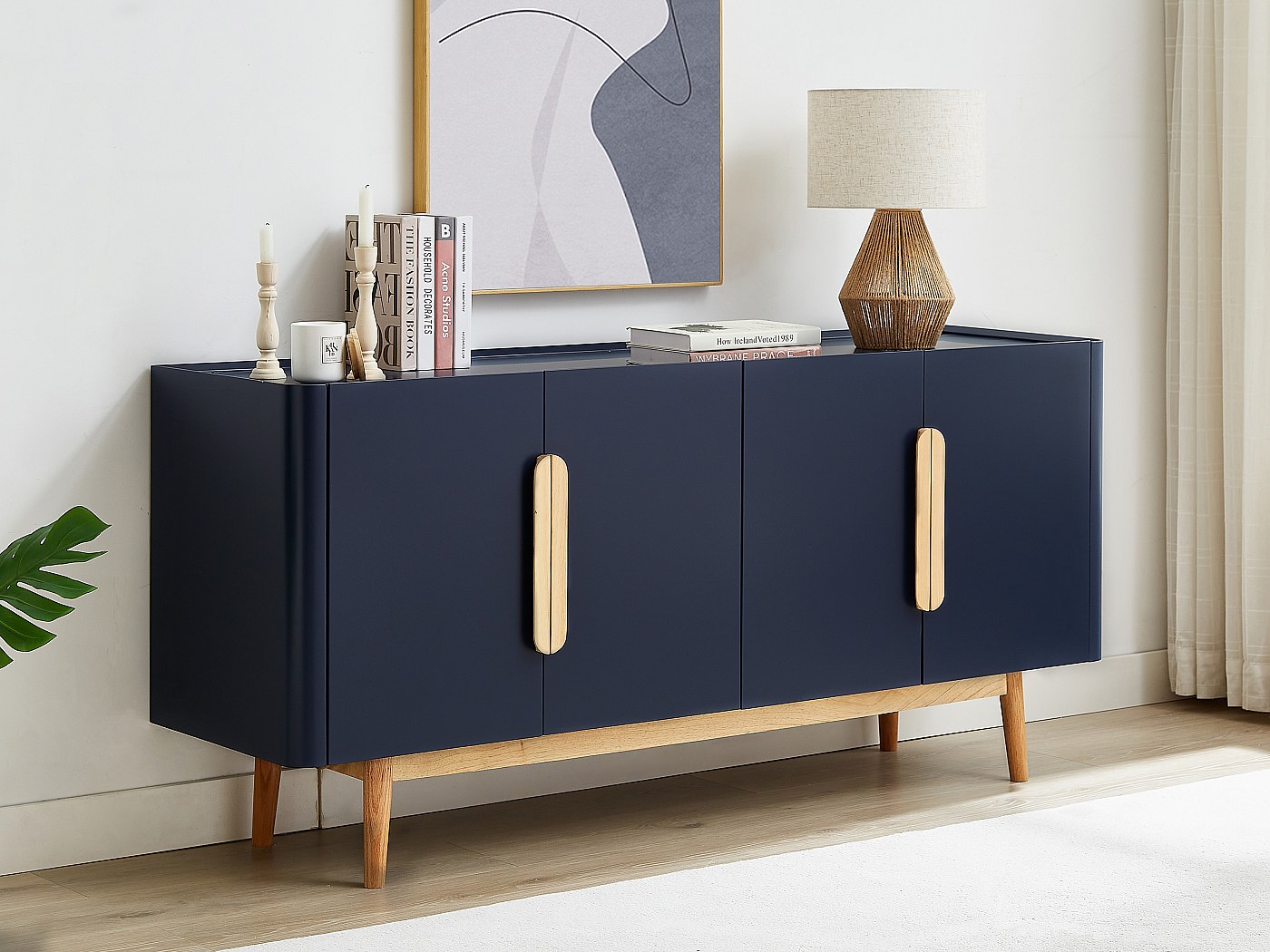 Buffet avec 4 portes en MDF et bois d'hévéa - Bleu et Naturel clair ...