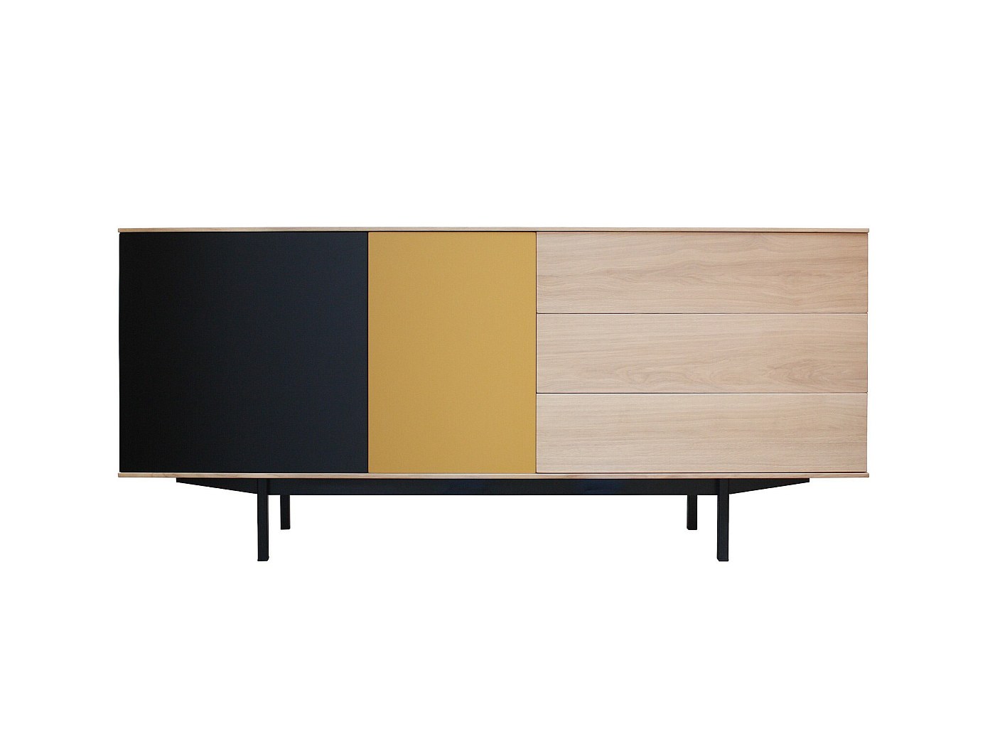 Buffet chêne blanchi, wengé noir et laqué, 2 portes, 3 tiroirs - 180L x 48P