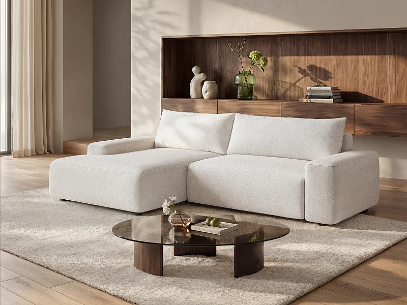 Ecksofa mit Schlaffunktion Ecke links melierter Stoff cremefarben ...