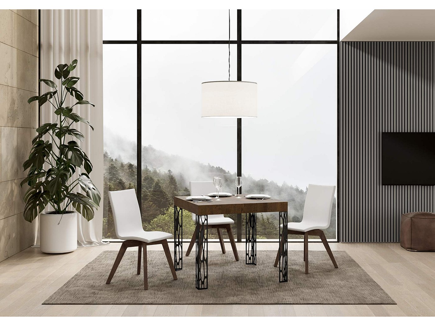 Table Ghibli Extensible Dessus Noyer 90x90 Allongée 246 cadre Anthracite