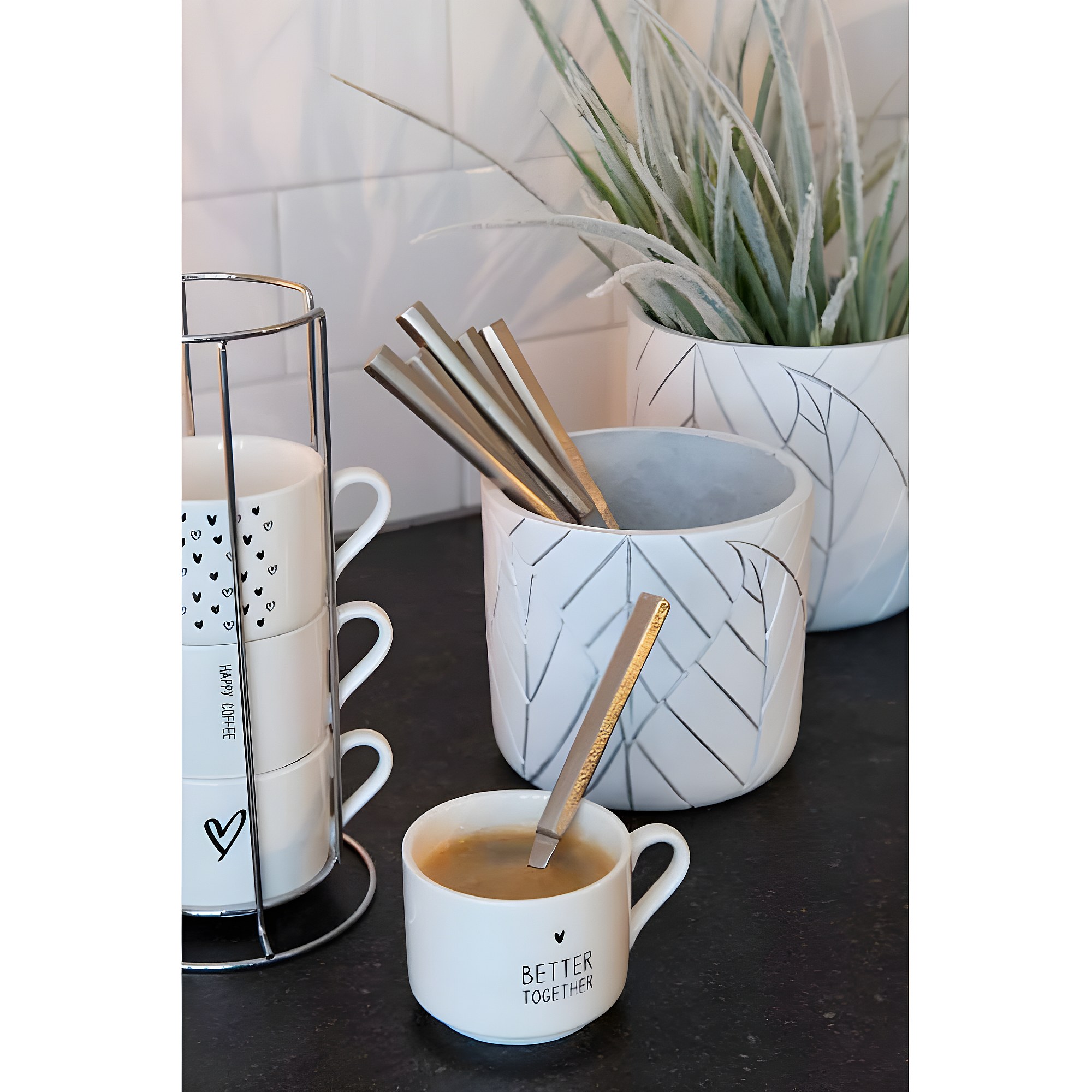 Lot de 4 Tasses sur Rack "Amour" 10cm Blanc