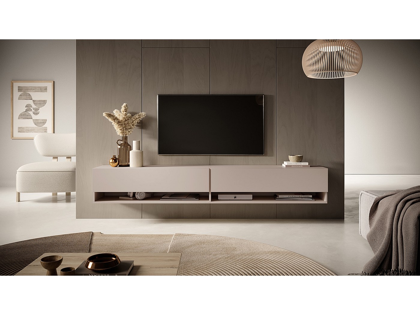 Mobile TV sospeso, grigio-beige, 200 cm - Mirrgo