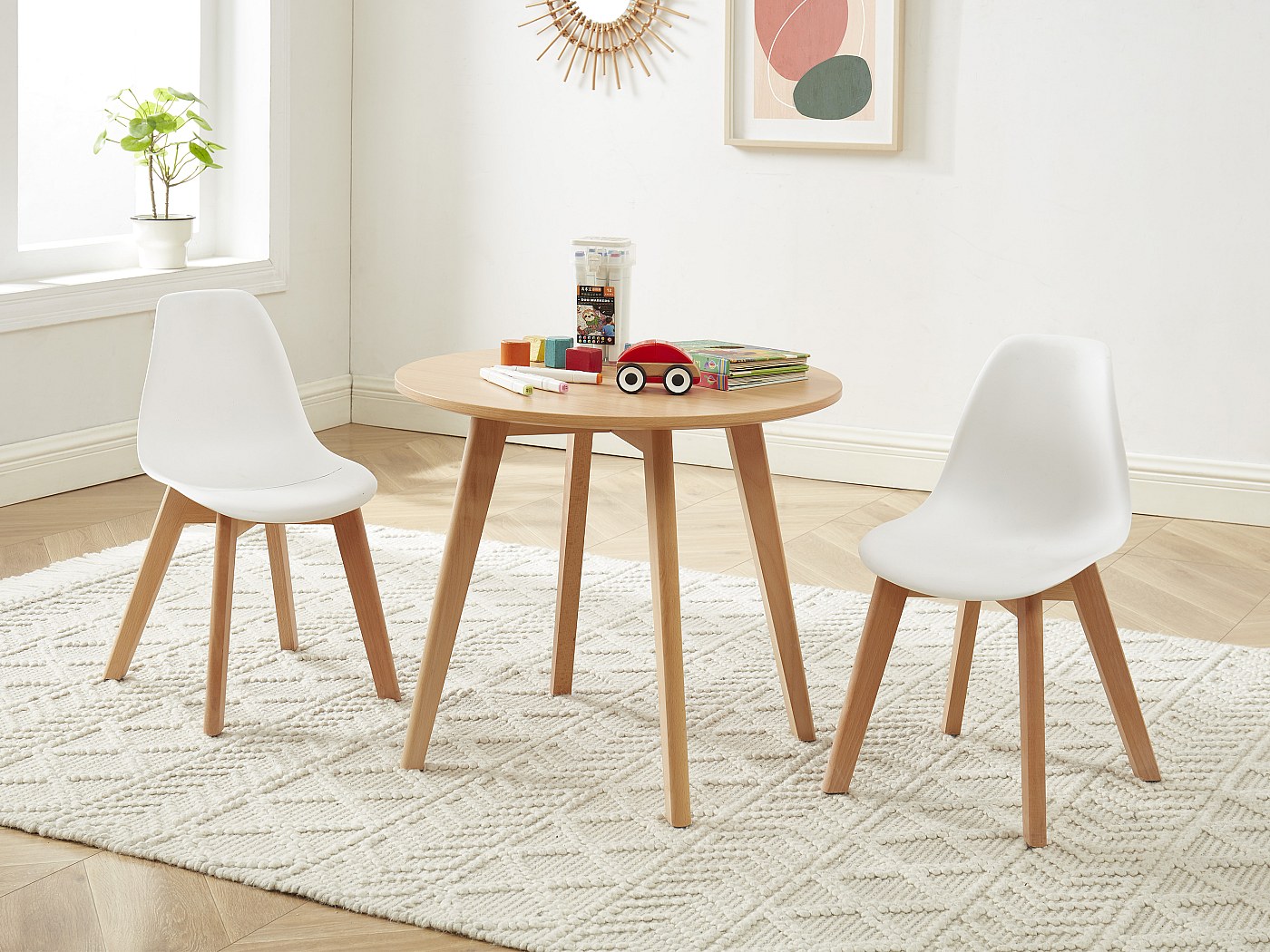 Ensemble table enfant LOULOUNE + 2 chaises LILINOU - Naturel et blanc