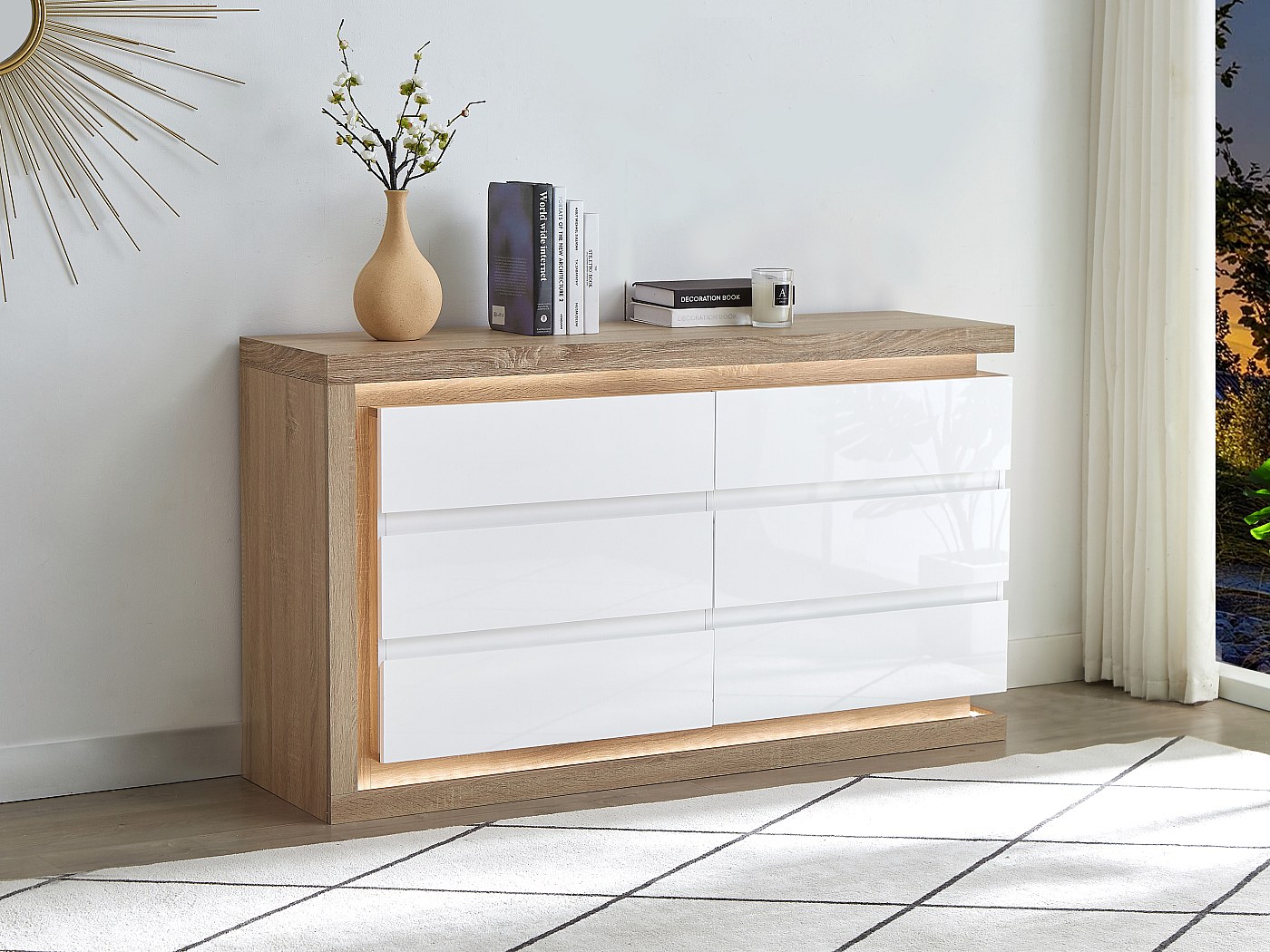 Commode 6 tiroirs avec LEDs MDF blanc laqué et naturel - FLARANCIA