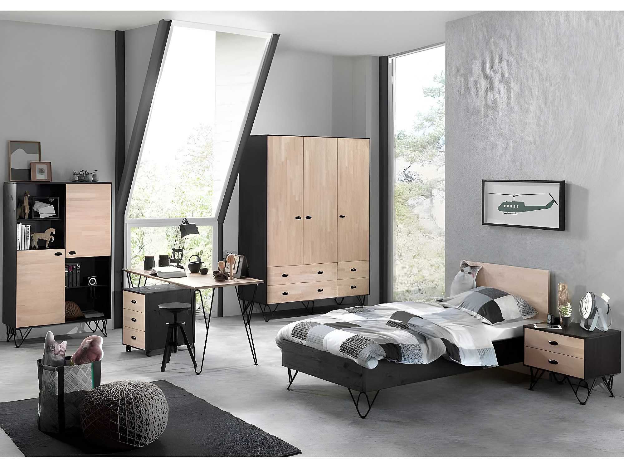 Bibliothèque Enfant "William" 160cm Naturel & Noir