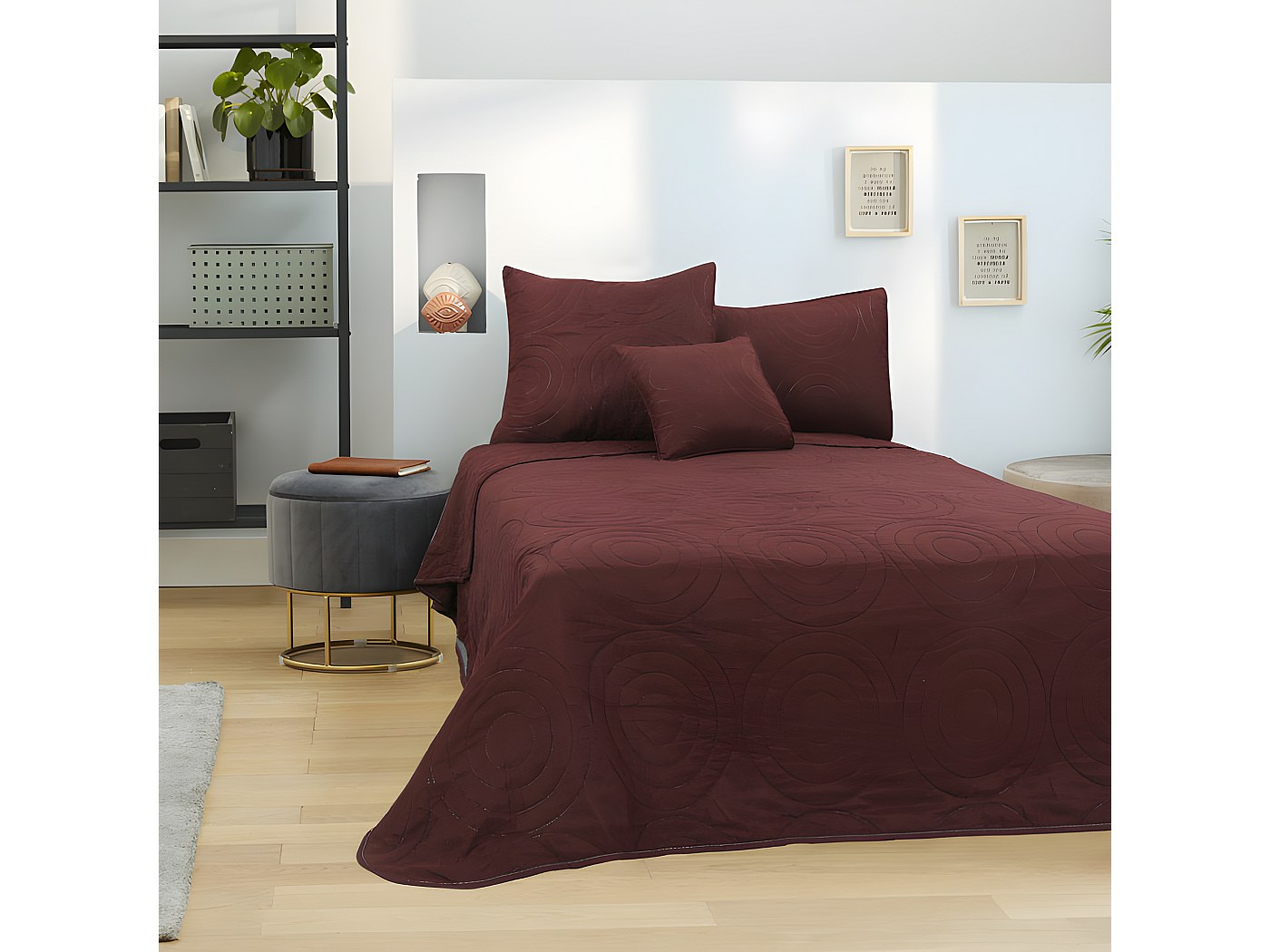 Couvre lit boutis 4 pièces uni "Piquage Circle" Choco