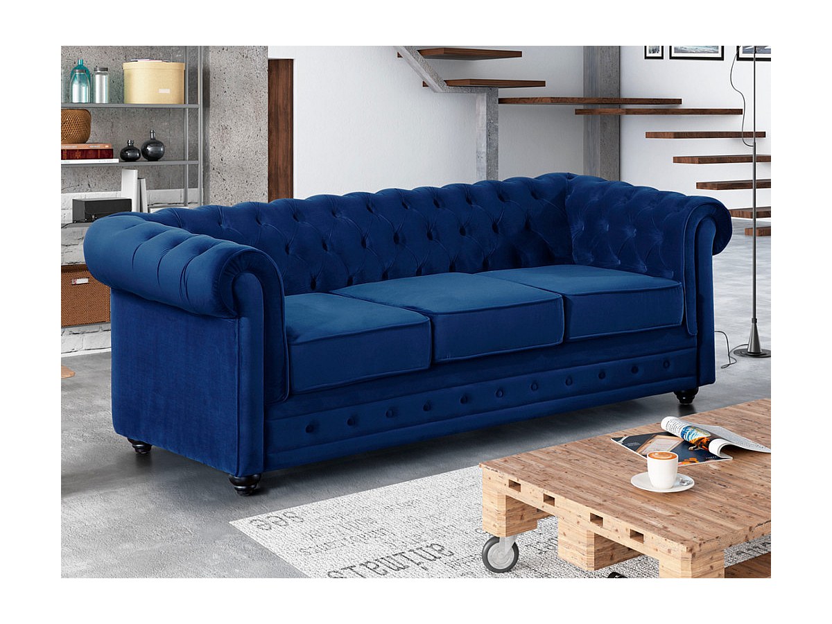 Divano 3 posti in velluto blu notte - CHESTERFIELD
