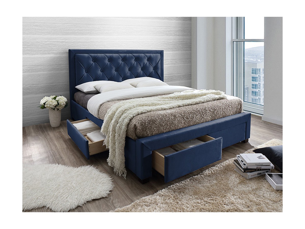Letto con cassetti LEOPOLD - Velluto blu - 160 x 200cm