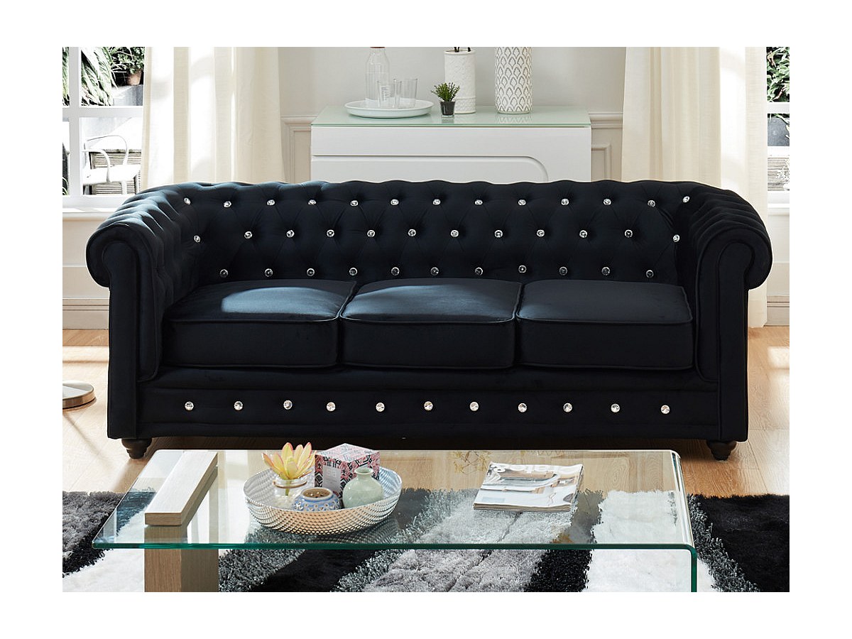 Divano 3 p velluto nero e bottoni trasparenti CHESTERFIELD