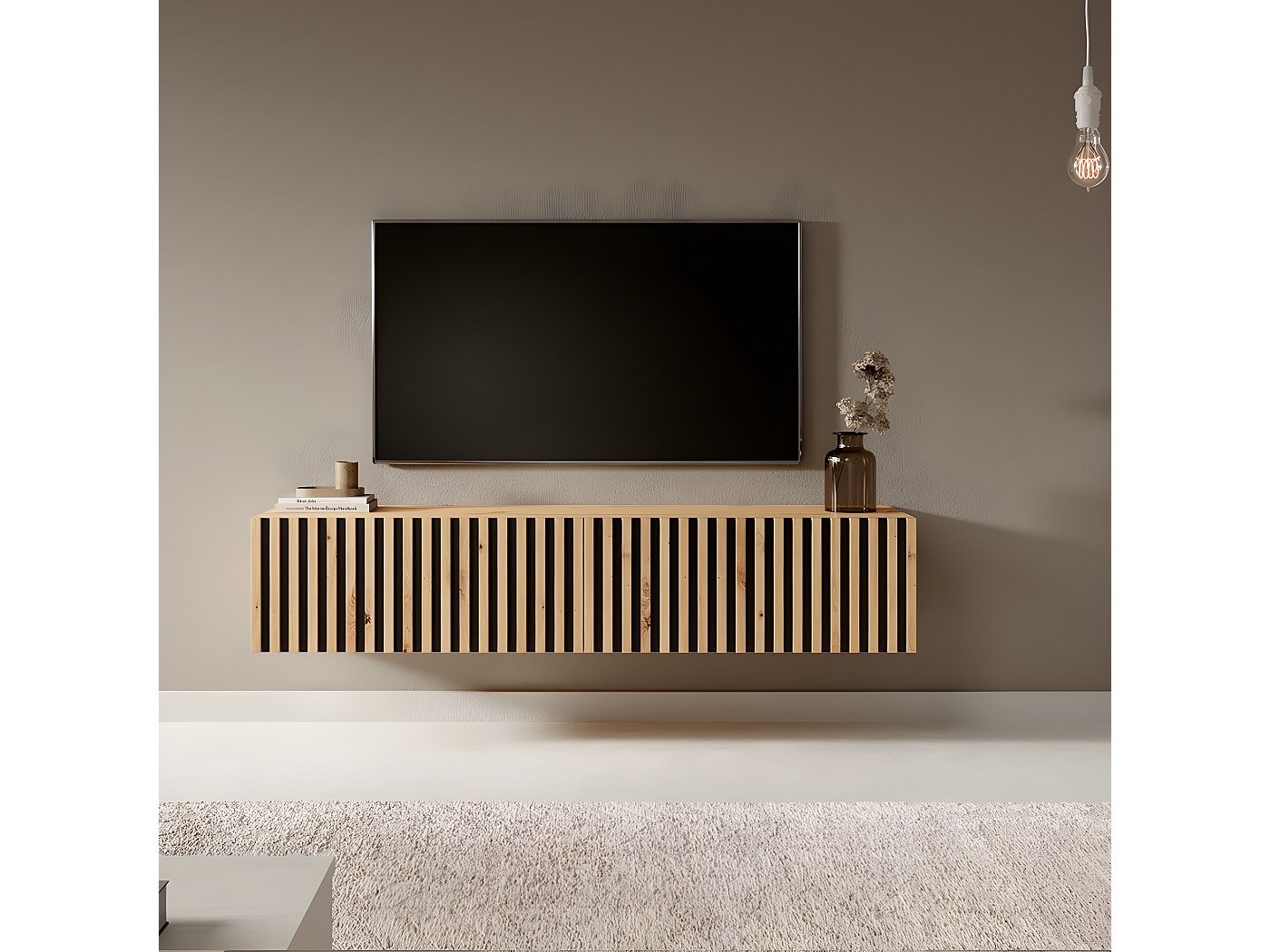 Meuble TV 140 cm - en chêne artisan avec façade fraisée et inserts ...