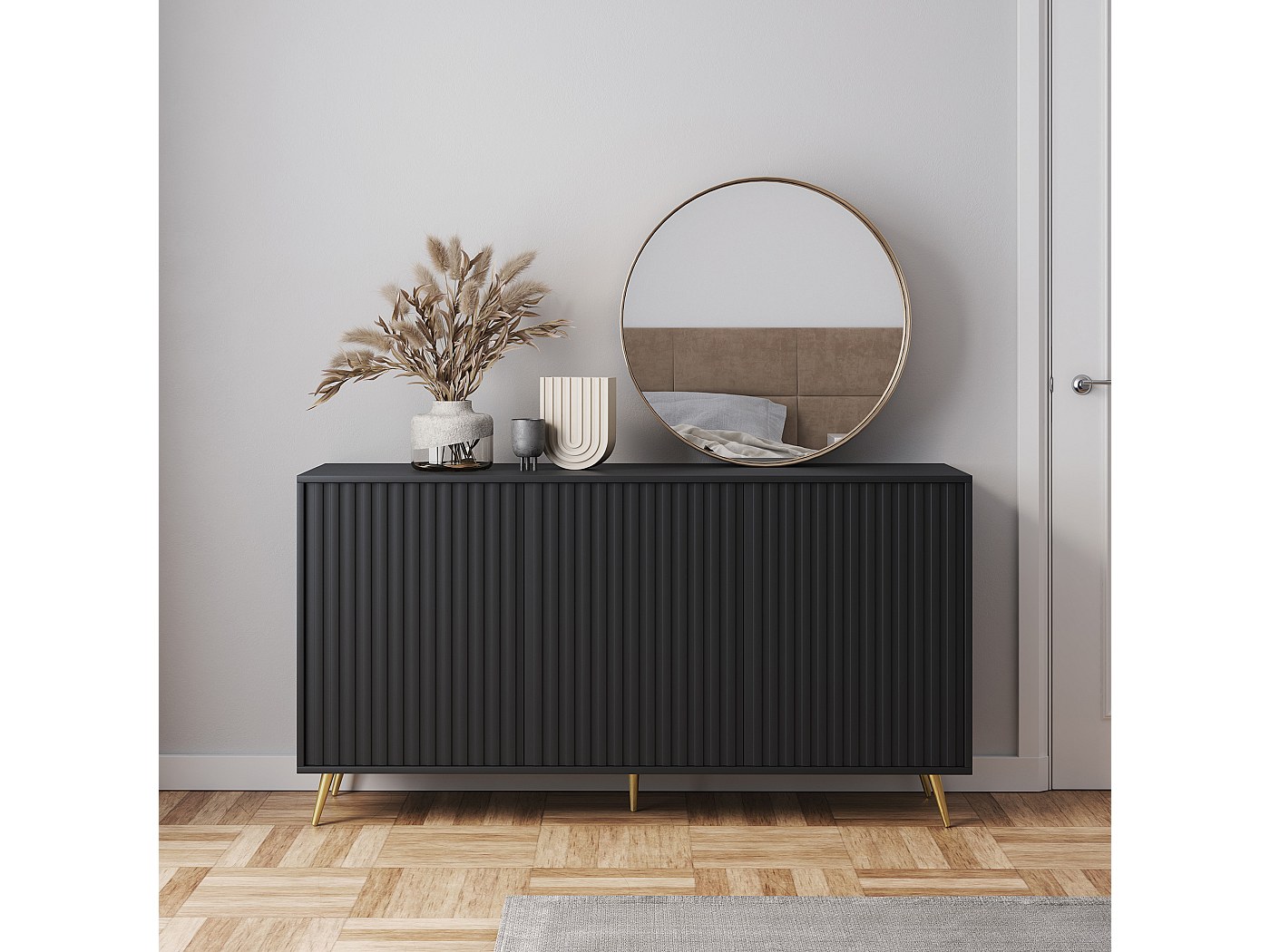 Buffet avec façades à lamelles - 154 cm - noir avec pieds dorés - BELLO