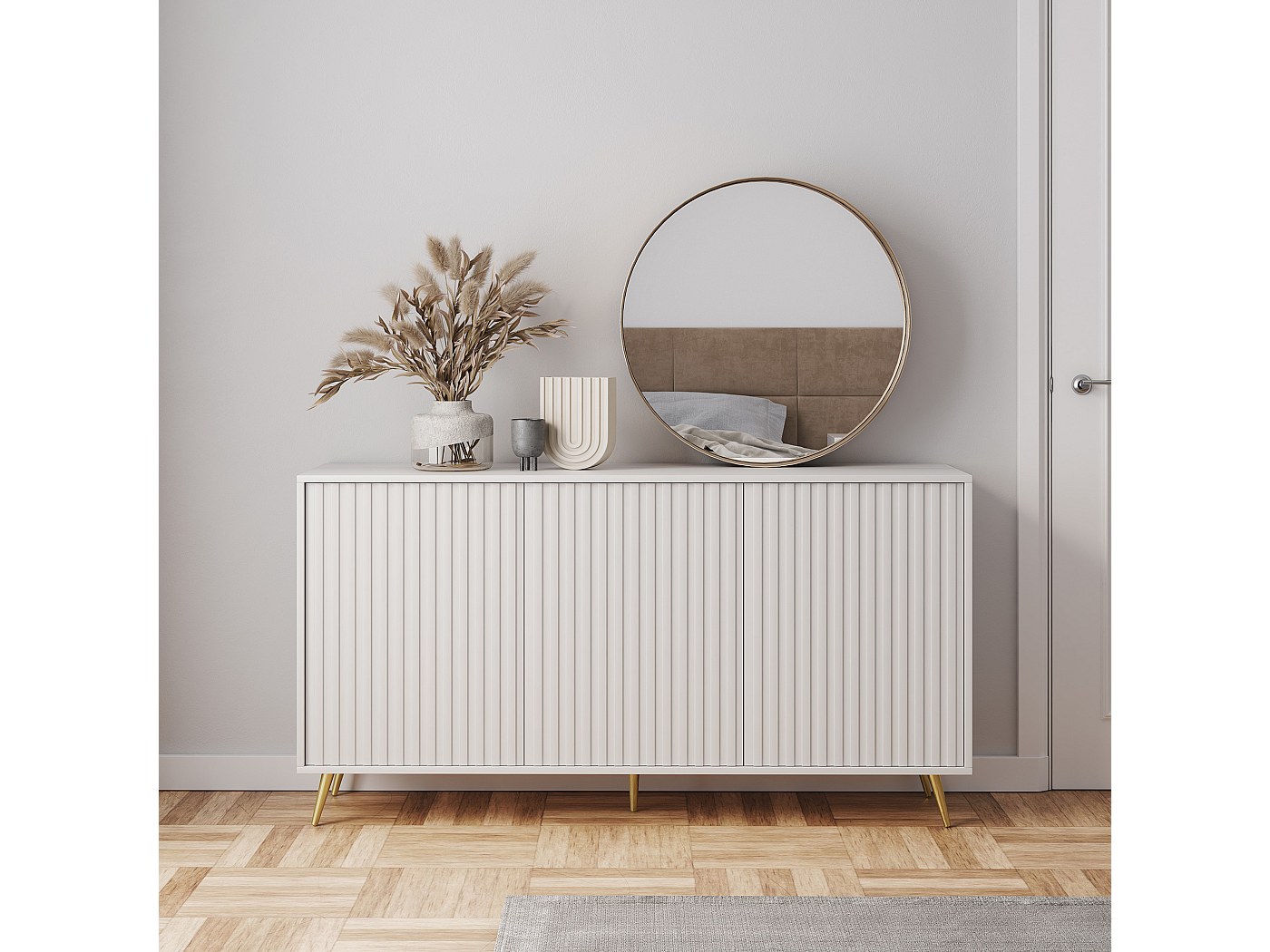 Buffet avec façades à lamelles - 154 cm - blanc avec pieds dorés - BELLO